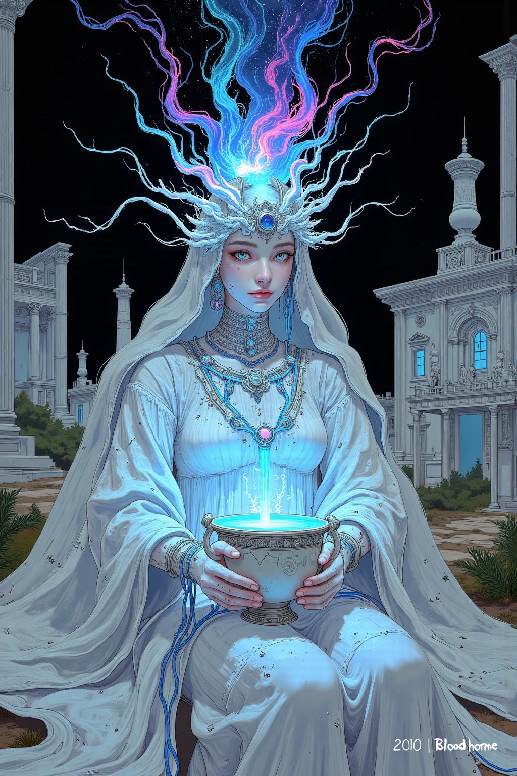 A mythological portrait of a white and blue goddess painted on a black ...