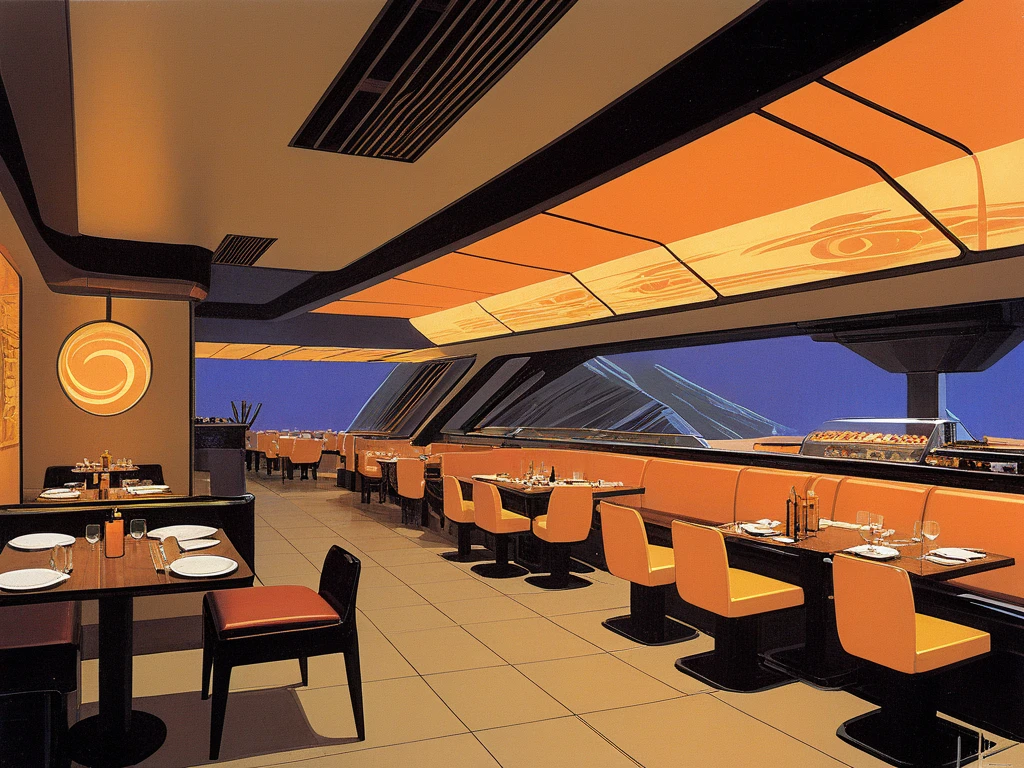 Interior design, simple, Scifi 90s restaurant. Simple minimal design ...