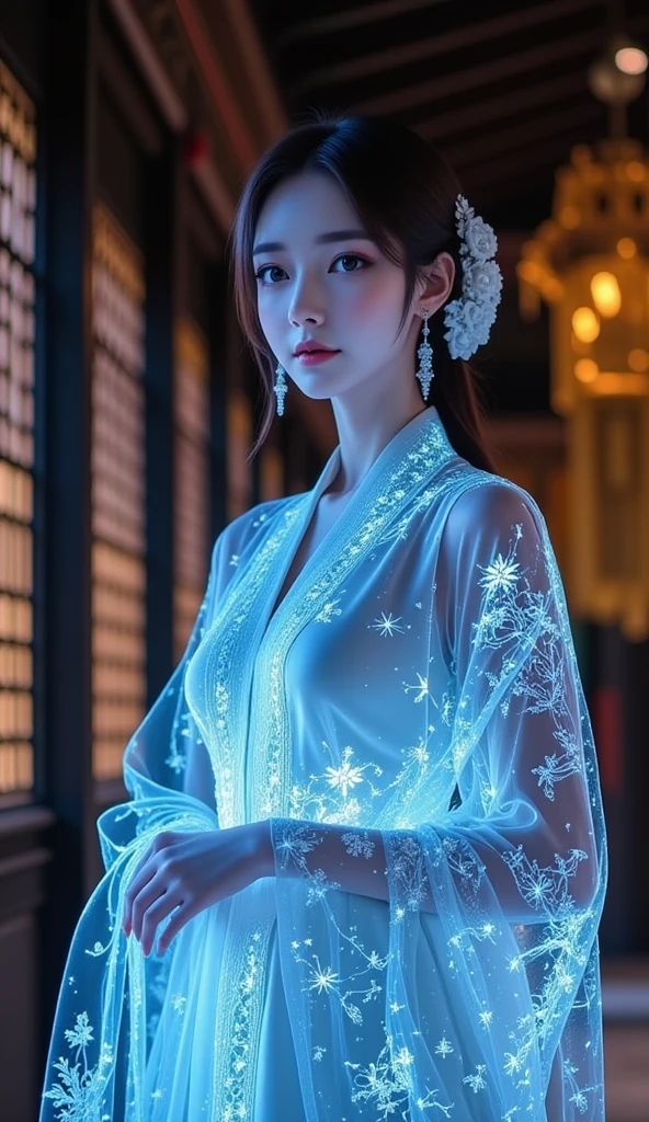 An elegant East Asian woman wearing a luminous robe with long intricate ...