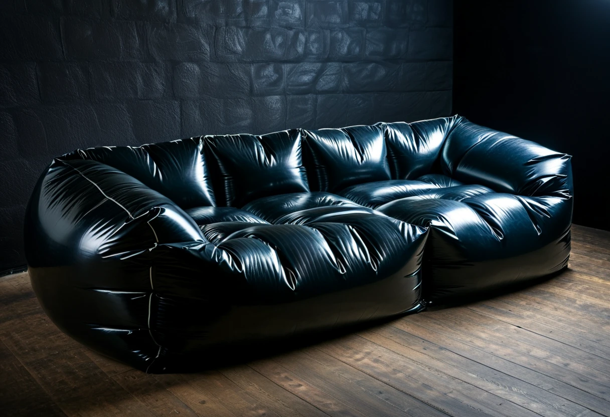 A huge inflated puffer sofa without people In interior of a dark room ...