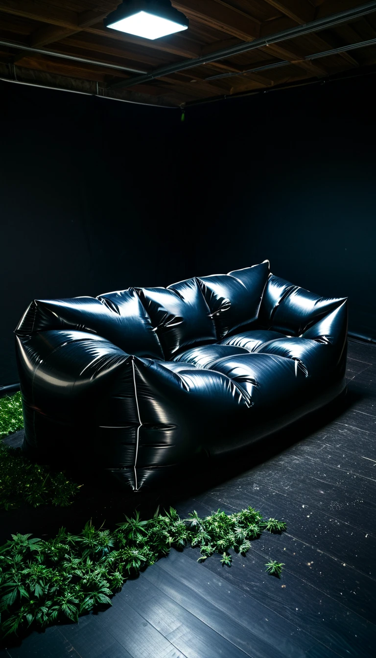 A huge inflated puffer sofa without people In interior of a dark room ...