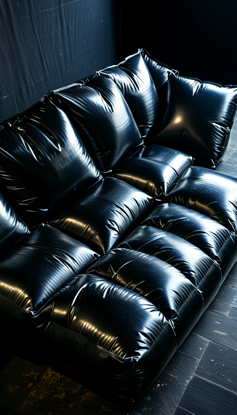 A huge inflated puffer sofa without people In interior of a dark room ...