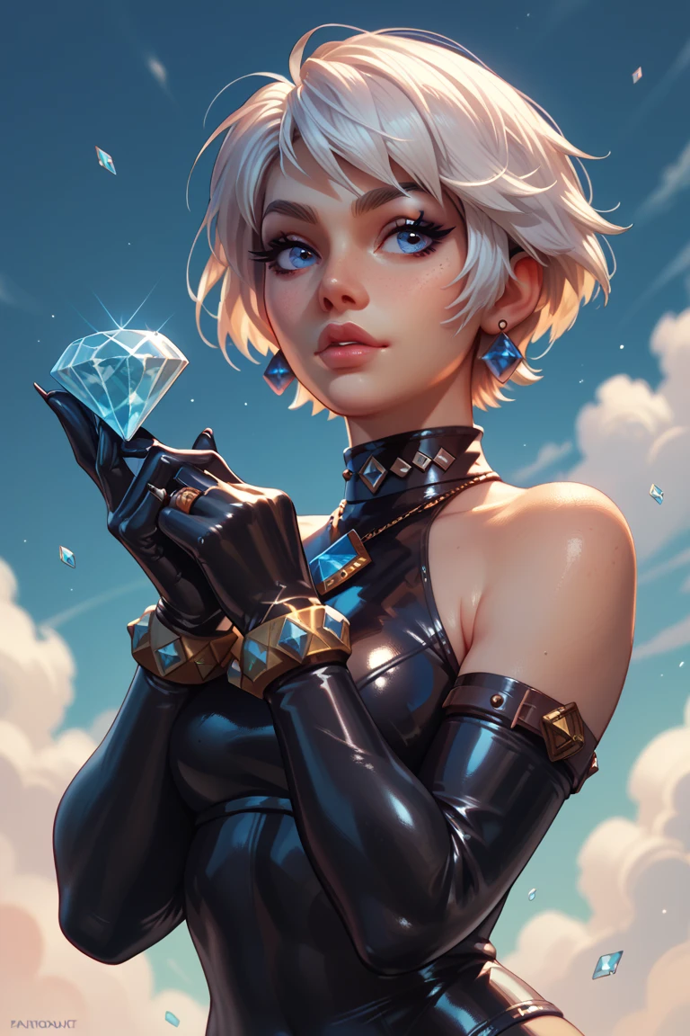 Short white hair female warlock with fur and long latex gloves with diamond ring - SeaArt AI