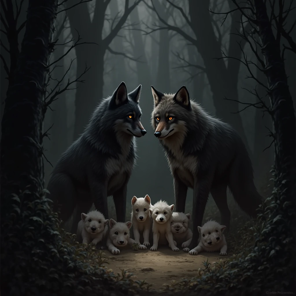 Un renard adulte ténébreux et un loup adulte ténébreux protégeant leur ...