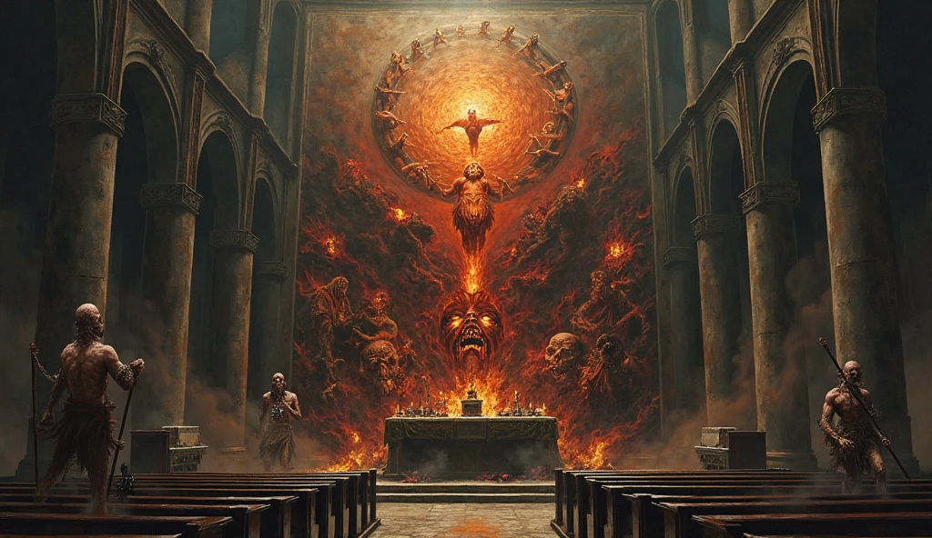 A church interior with dark lighting and a painting of hell above the ...