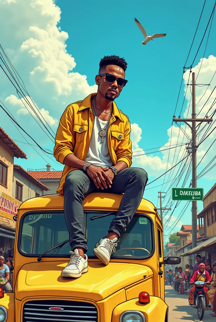 “Create a vibrant cartoon-style digital artwork of Wizkid sitting on ...