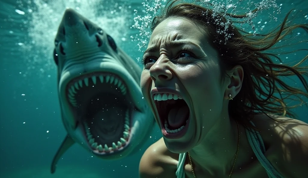 A terrified woman underwater with wide open eyes and mouth, screaming ...