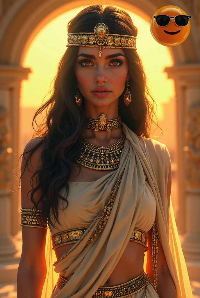 Egyptian Cleopatra, brown eyes, stunning full body, In the background ...