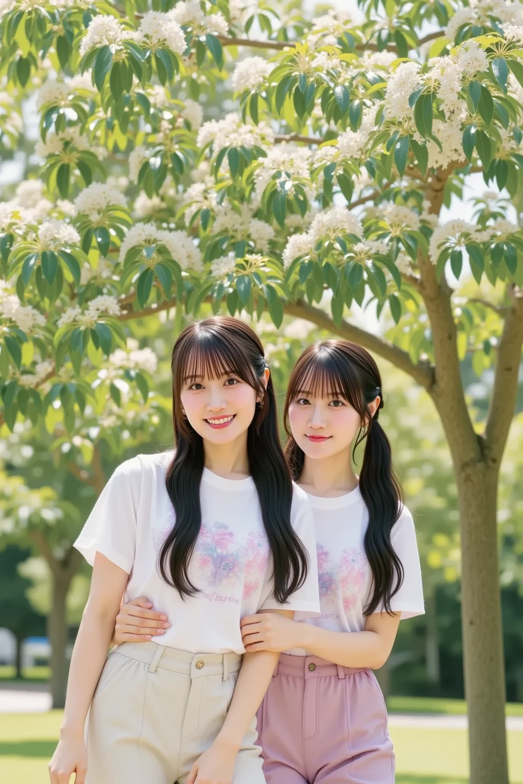 "Two cute twin sisters walking together happily in a scenic park ...