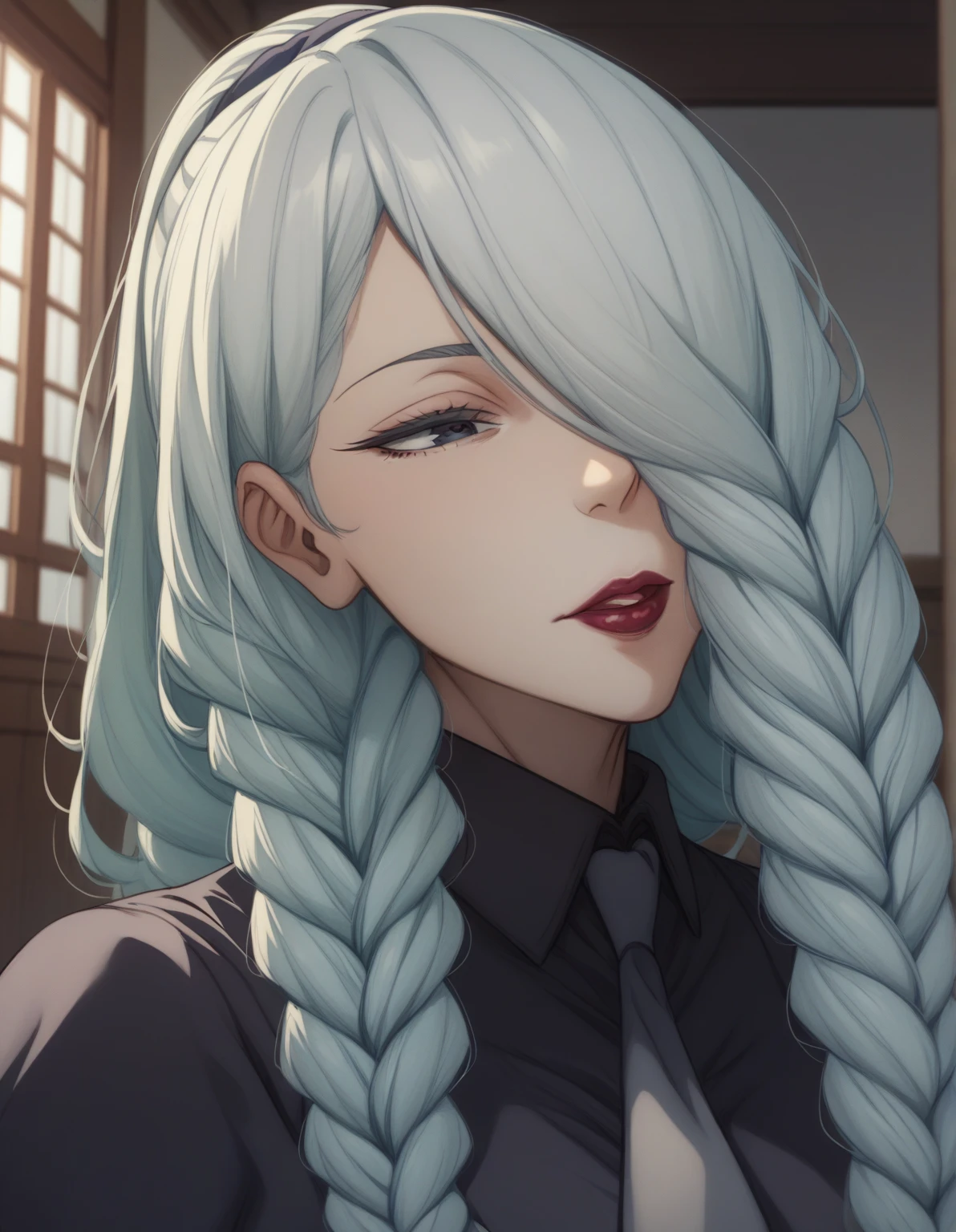 Meimei、long hair、braids、lipstick、dress、hair covering one eye - SeaArt AI