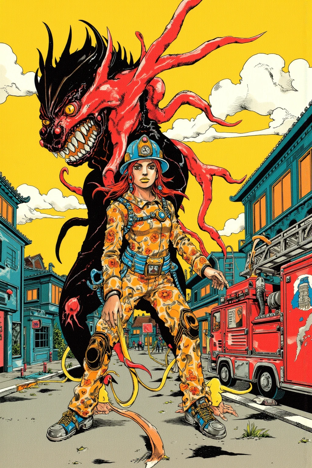 A crazy firefighter woman stands in an Edo period style castle town ...