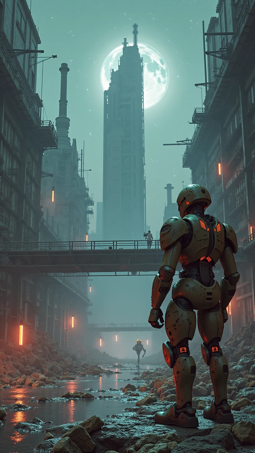 Post-apocalyptic sci-fi ruins scene at dusk featuring a lone heavily ...