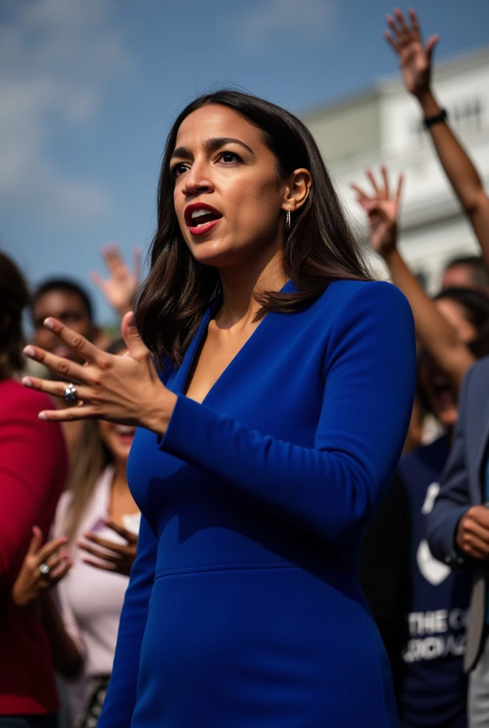 Alexandria Ocasio-Cortez, blue long-sleeves leotard, cleavage - SeaArt AI
