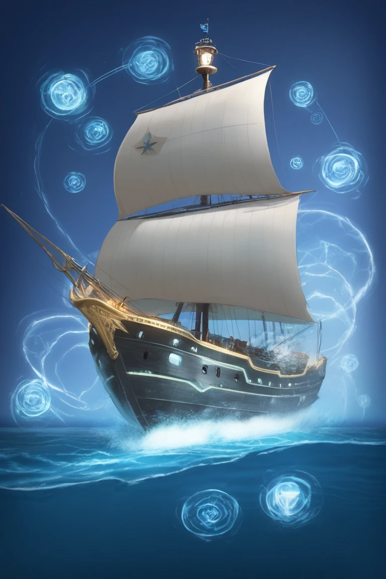 A technological and magical ship at sea, with a great captain sailing ...