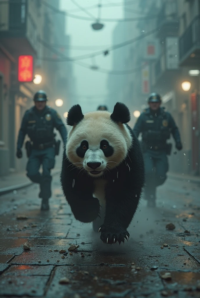 Give me a promt of a sad or scared panda running in the foggy street ...