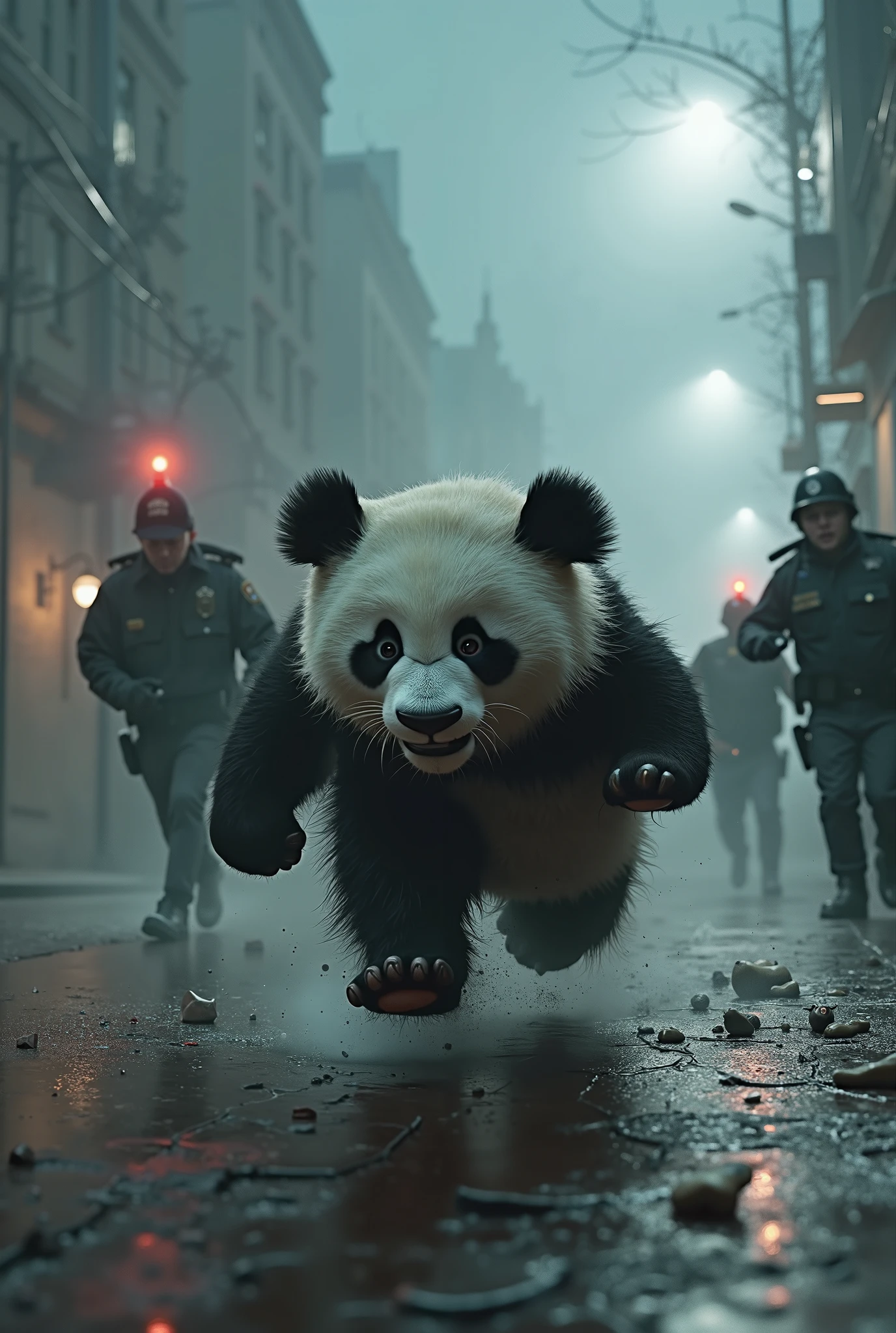 Give me a promt of a sad or scared panda running in the foggy street ...