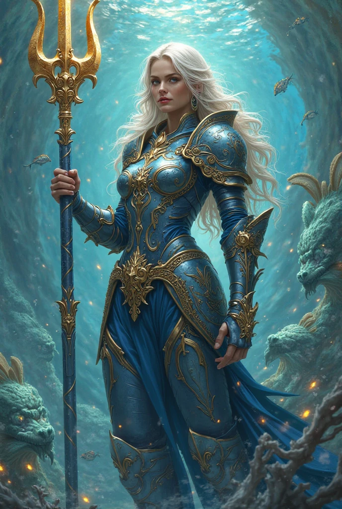 Female full armor water knight with a blue and golden trident - SeaArt AI