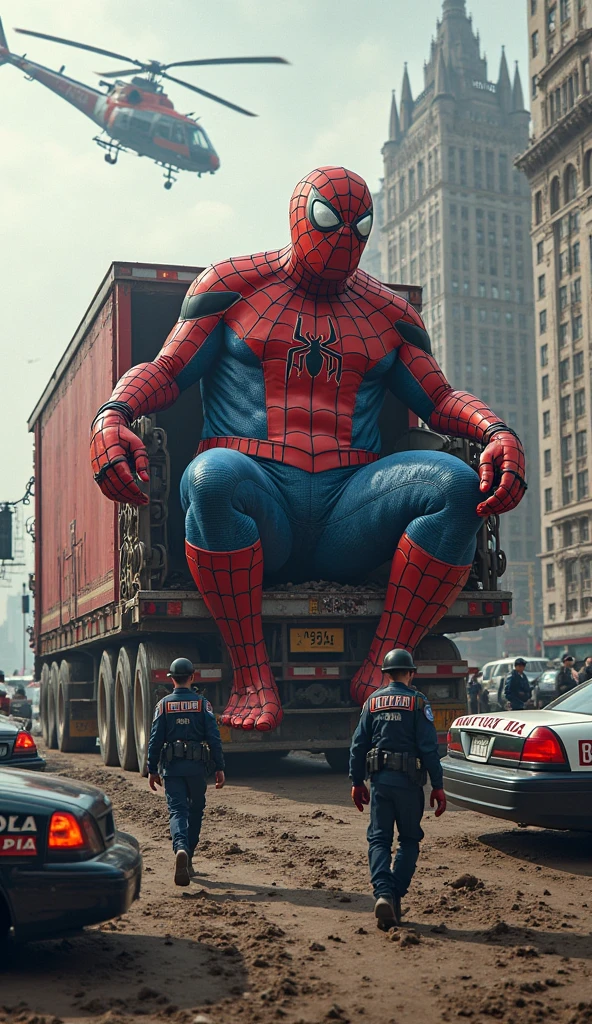 A very big fat spider man in 3D, chained and lying on a large truck ...