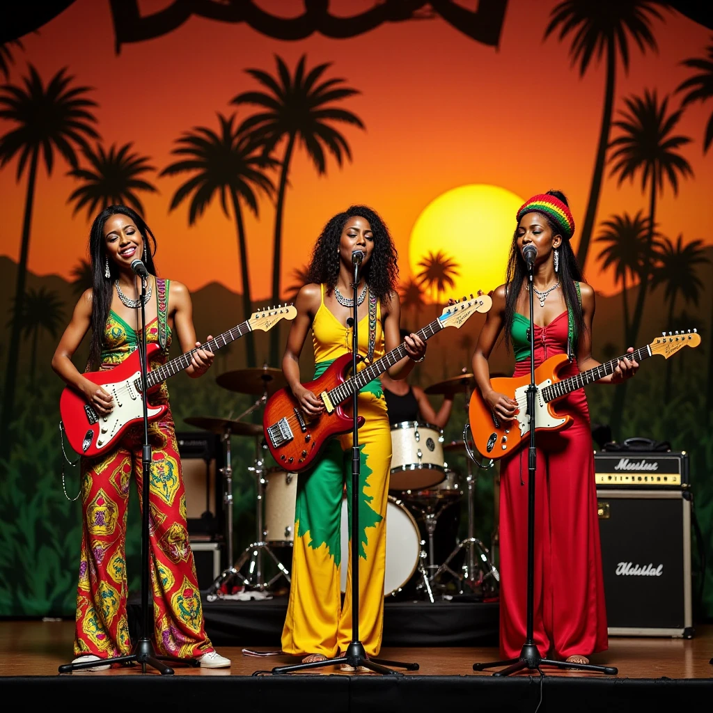 Create an image of an all-female reggae band performing on stage ...