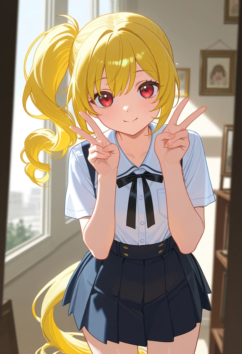 1girl, yellow hair, red eyes, scene, side pony tail, focus on character ...