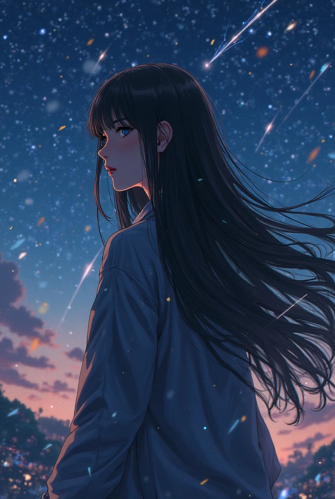 Dark-haired girl,It feels like the near future,Odd Eye, has a night sky ...