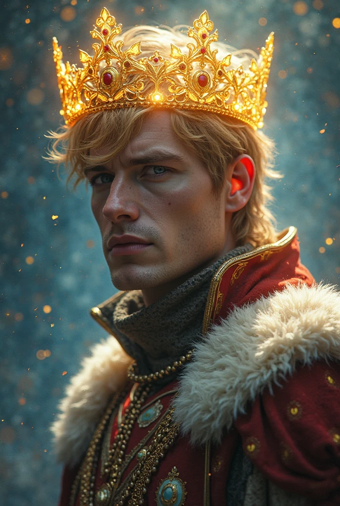 A medieval prince, blond hair, golden light crown, blue background ...
