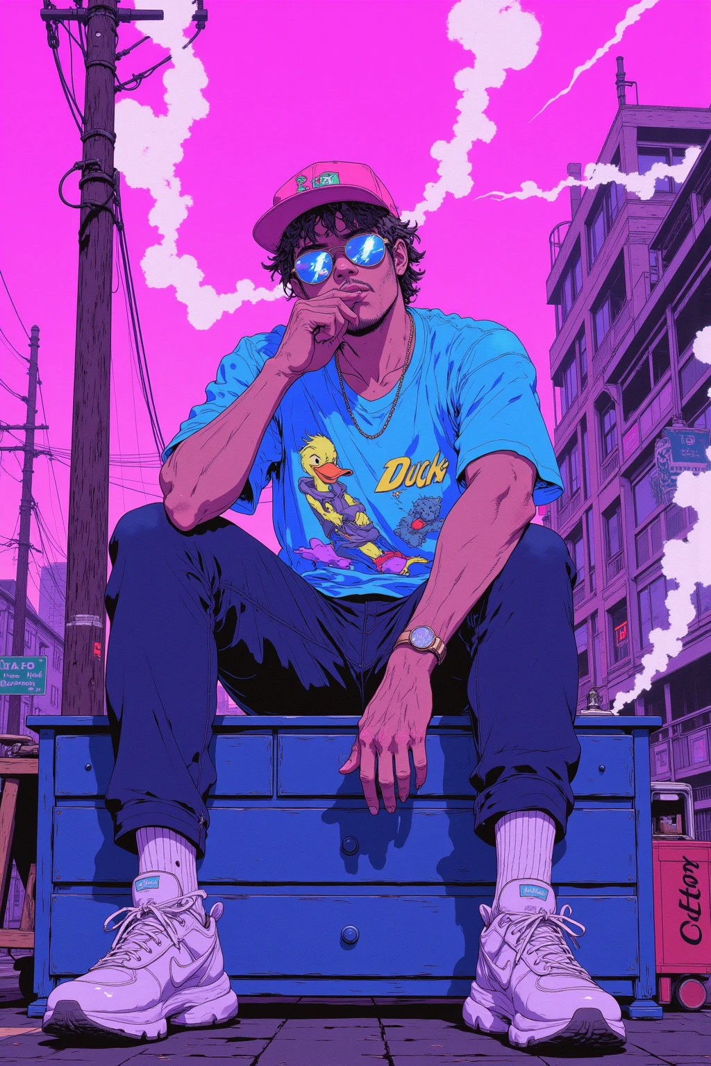 Illustration of a man wearing a pink hat and smoking cigarettes - SeaArt AI