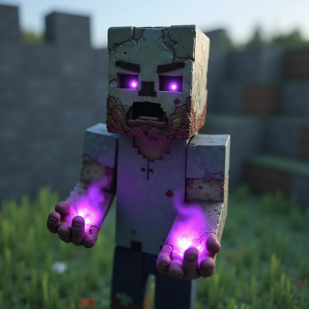 Minecraft zombie in daylight, detailed rotting face with visible cracks ...