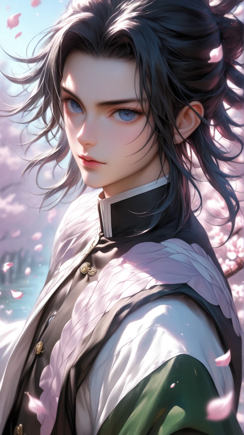 A hyper-realistic, cinematic portrait of Giyu Tomioka from Demon Slayer ...