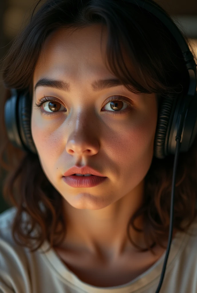 : Close up of her inspired face, listening to music with headphones ...