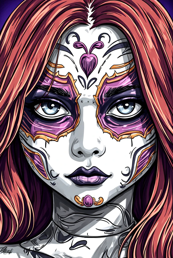 Gary Chalk style Coloured Line art drawing, beautiful sexy day of the dead face - SeaArt AI