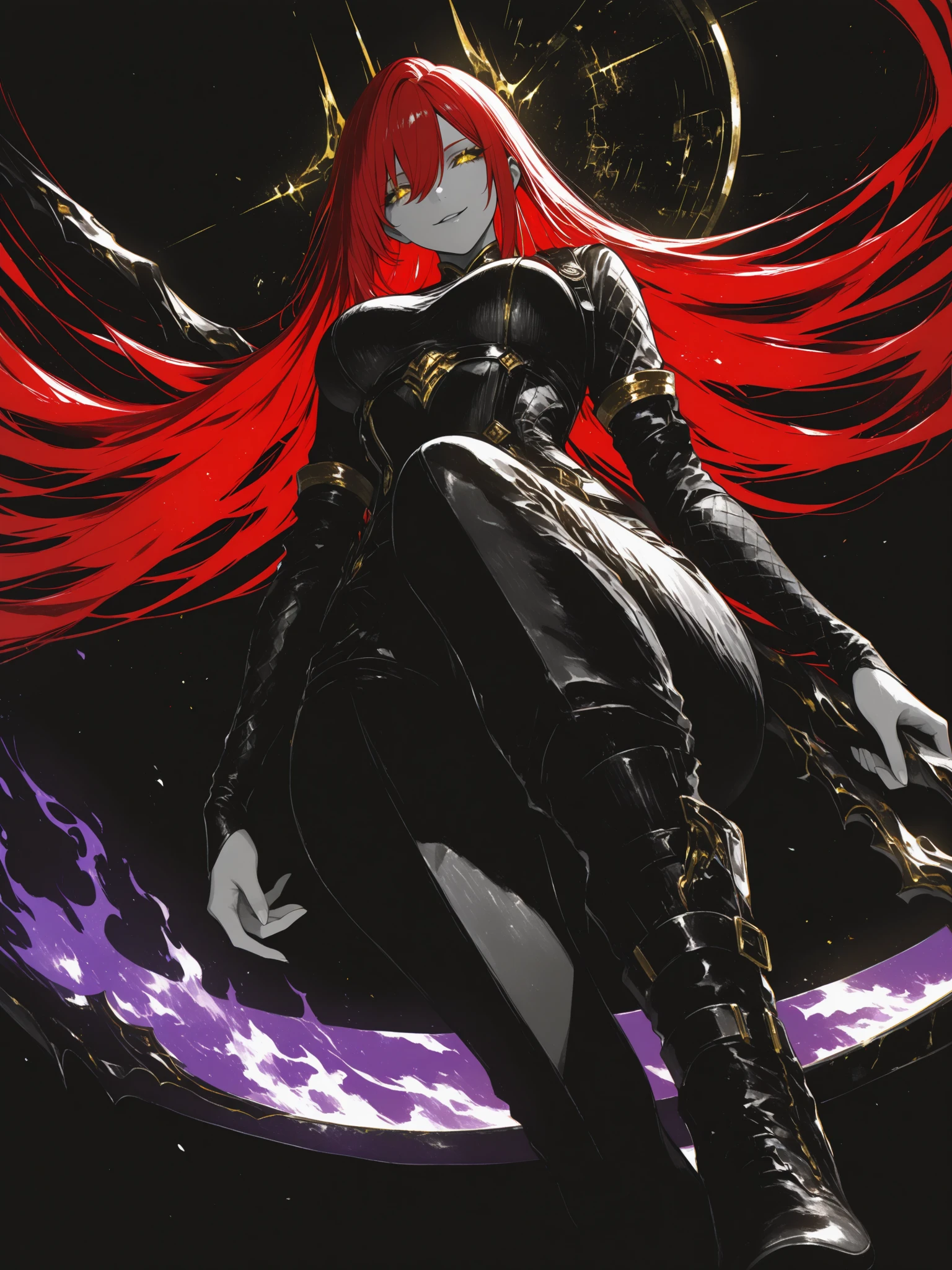 1girl, golden eyes, glowing eyes, red hair, very long hair, straight ...