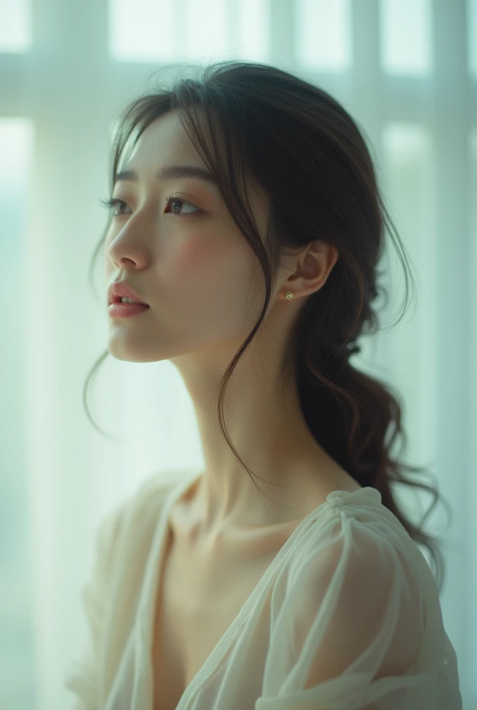 Photograph in soft tones, claros, woman thinking on one side of the photograph - SeaArt AI