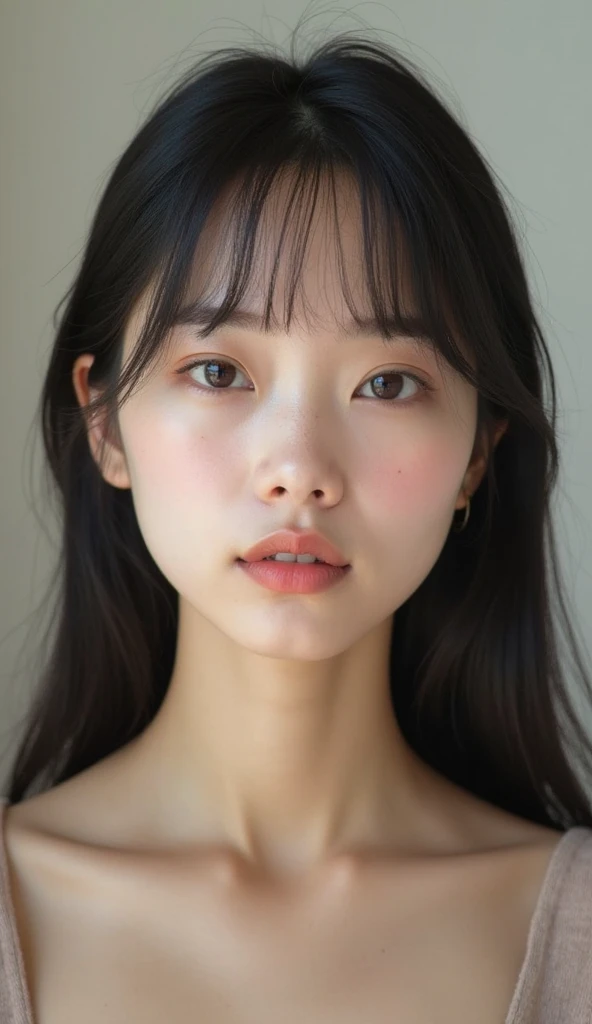 A young white woman with straight jet-black hair, fair skin, and small ...