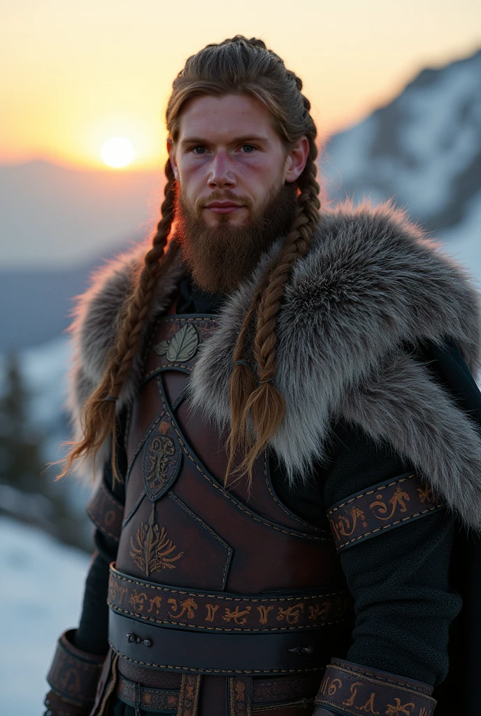 Transform this person into a powerful Viking warrior. Keep the facial ...