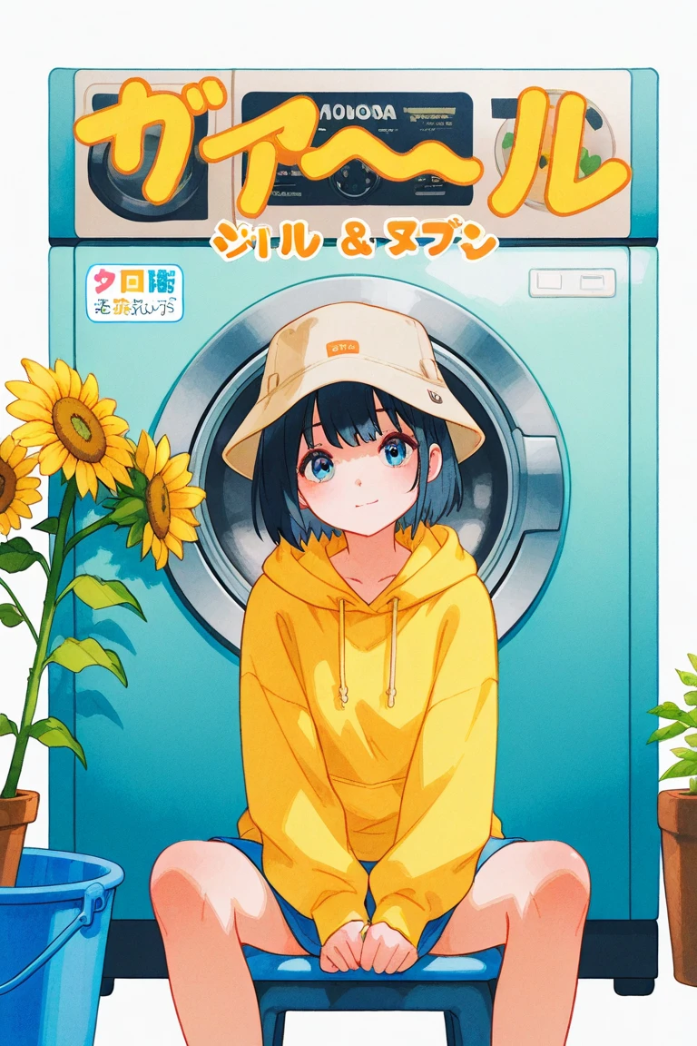 A casual anime-style girl relaxing outside a laundromat, light ...