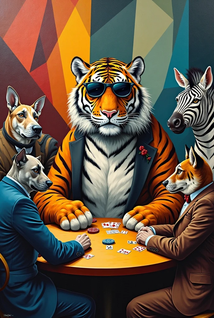 Cubist painting of a very fat tiger wearing dark glasses sitting ...