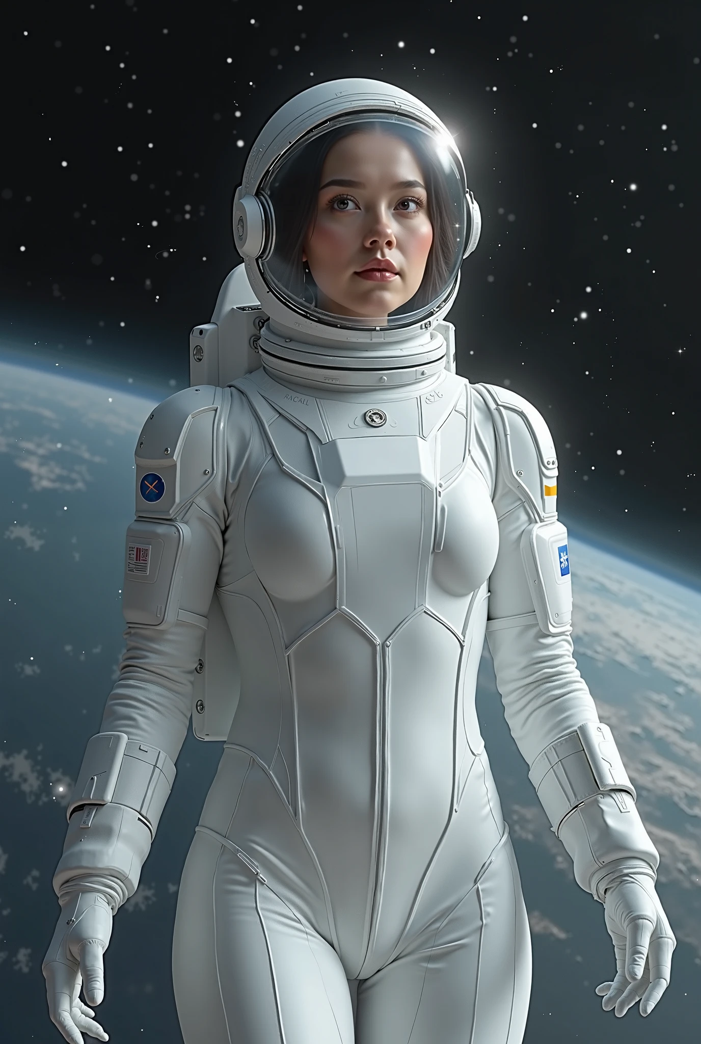 A female cosmonaut in very beautiful space. She has a white spacesuit ...