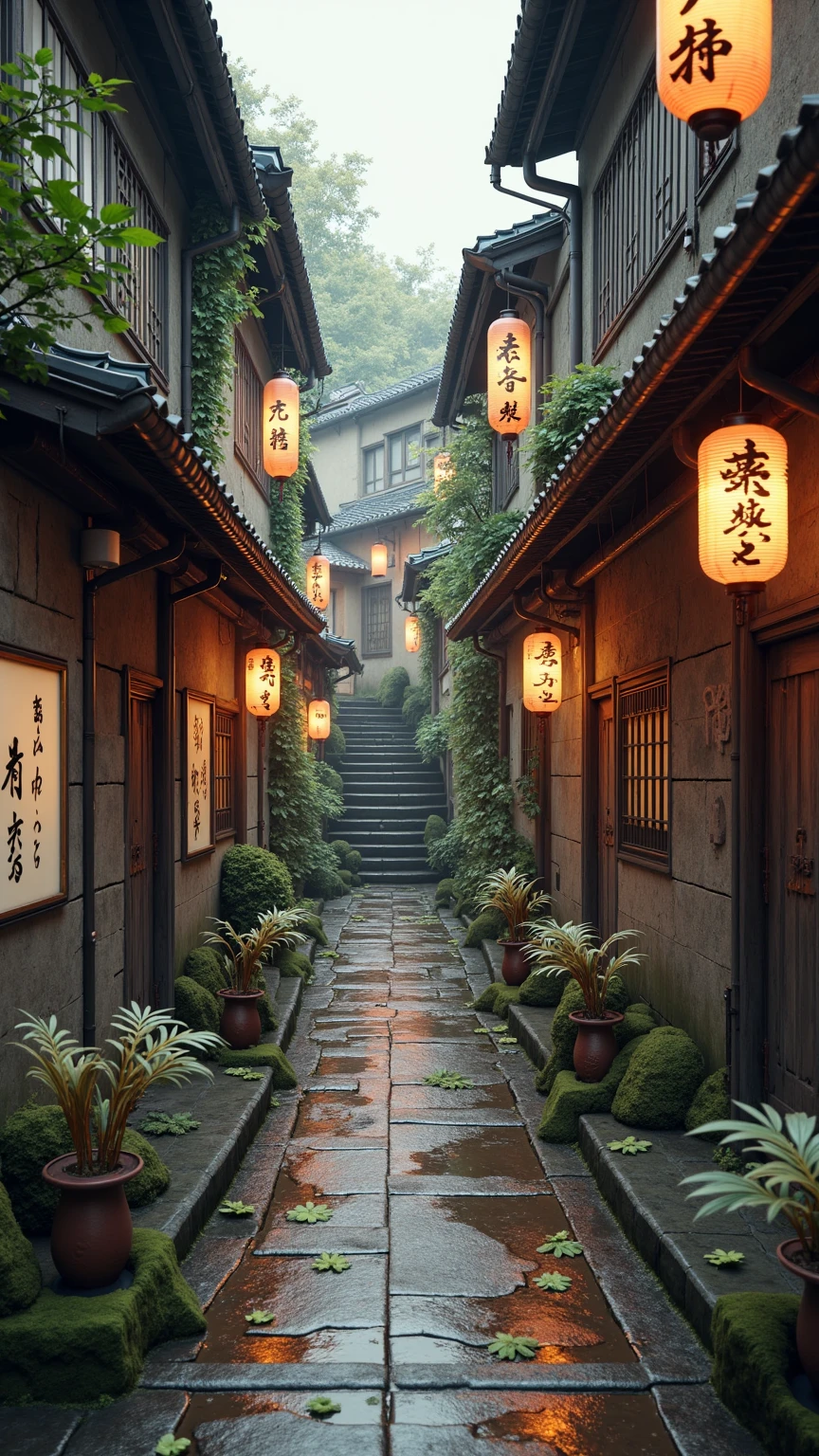 An ancient narrow Japanese alley nestled between weathered wooden ...