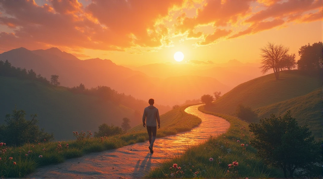 A warm sunrise scene with a person walking a path alone, guided by a ...