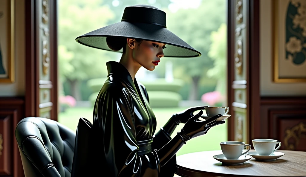 A very thin lady in in a black and white latex geisha kimono - SeaArt AI