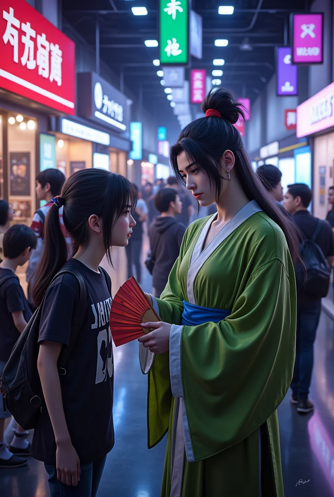 A vibrant Comic-Con scene, semi-realistic anime style, cosplayer of ...