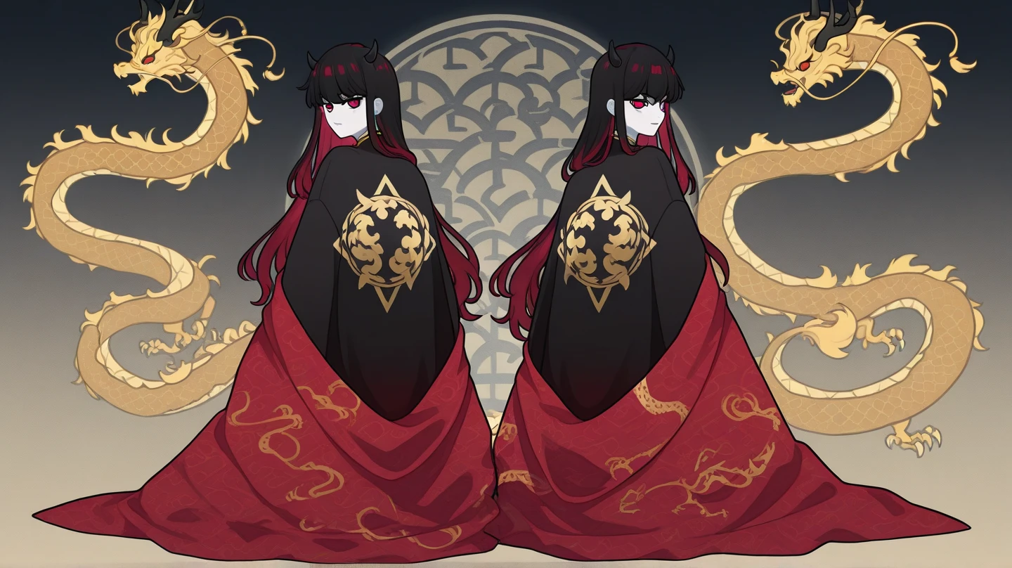 Slightly pale skin, red eyes, jet black hair with dark red highlights ...