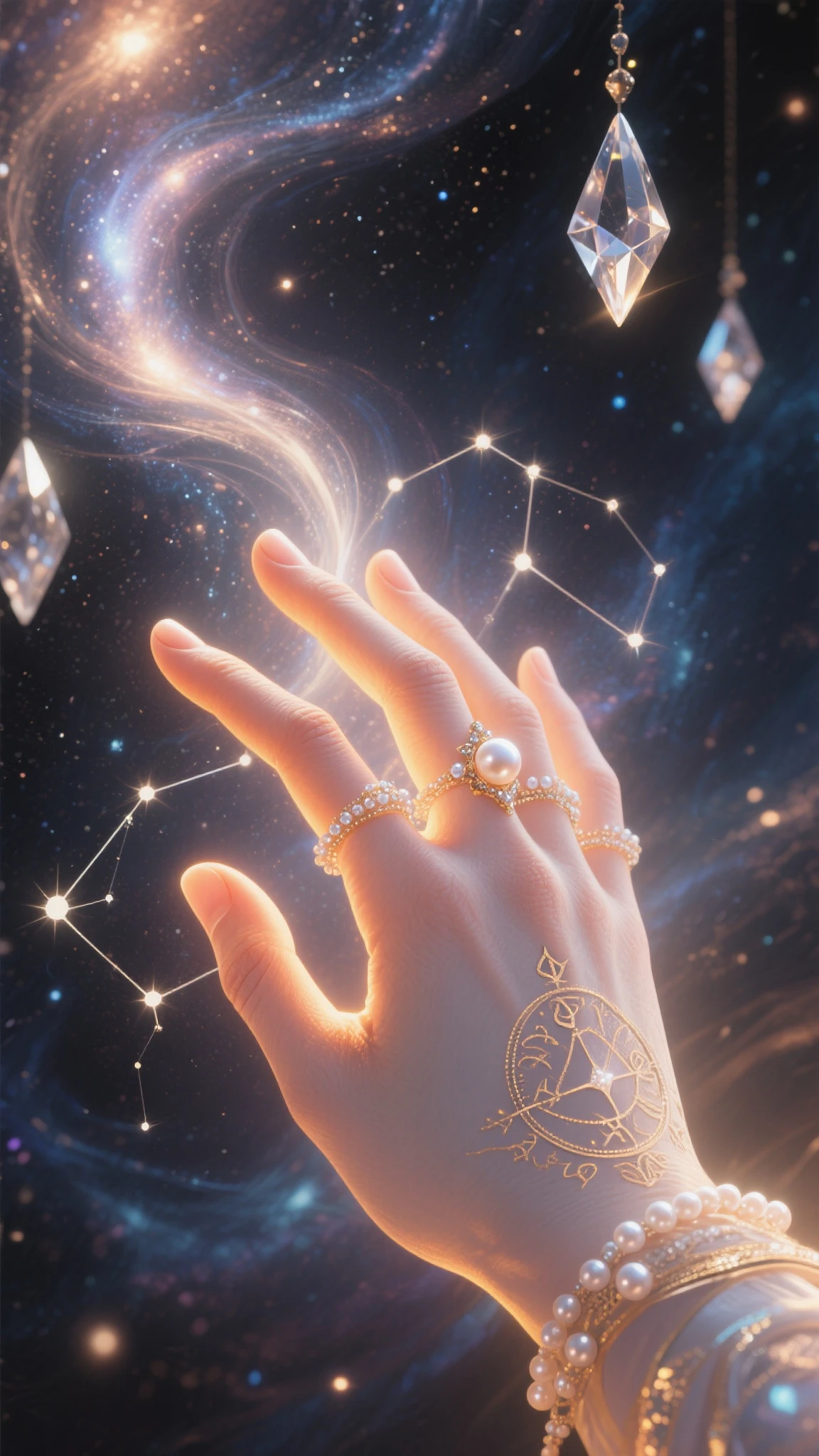 surreal fantasy style，Delicate and soft lighting，A divine hand with a ...