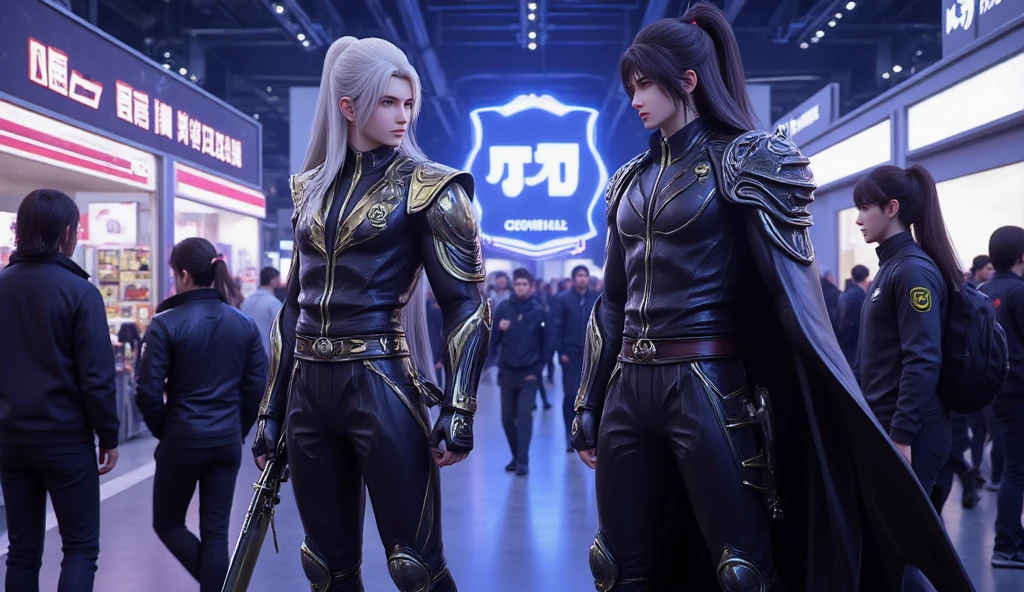 A vibrant Comic-Con scene, semi-realistic anime style, crowded ...