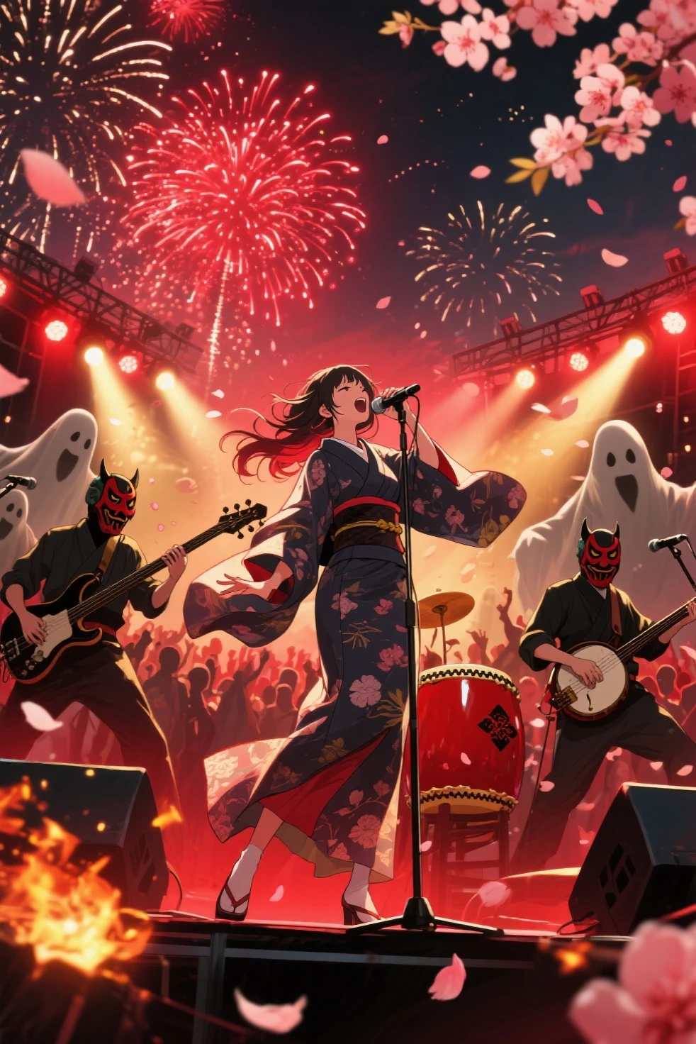 A powerful anime-style scene of a band performing under a sky filled ...