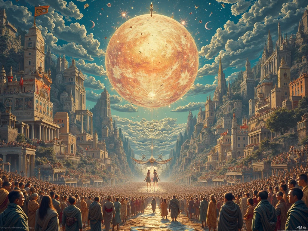 "Create an image that captures the entire civilization of humanity in a ...