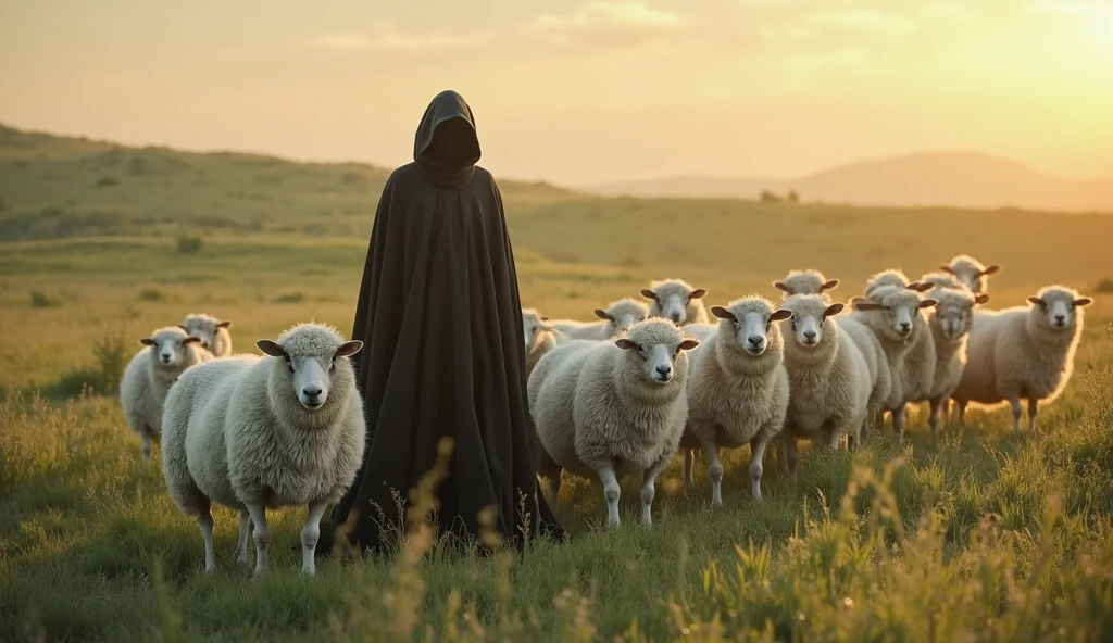 Death dressed in black with its hood herding a flock of cute white ...