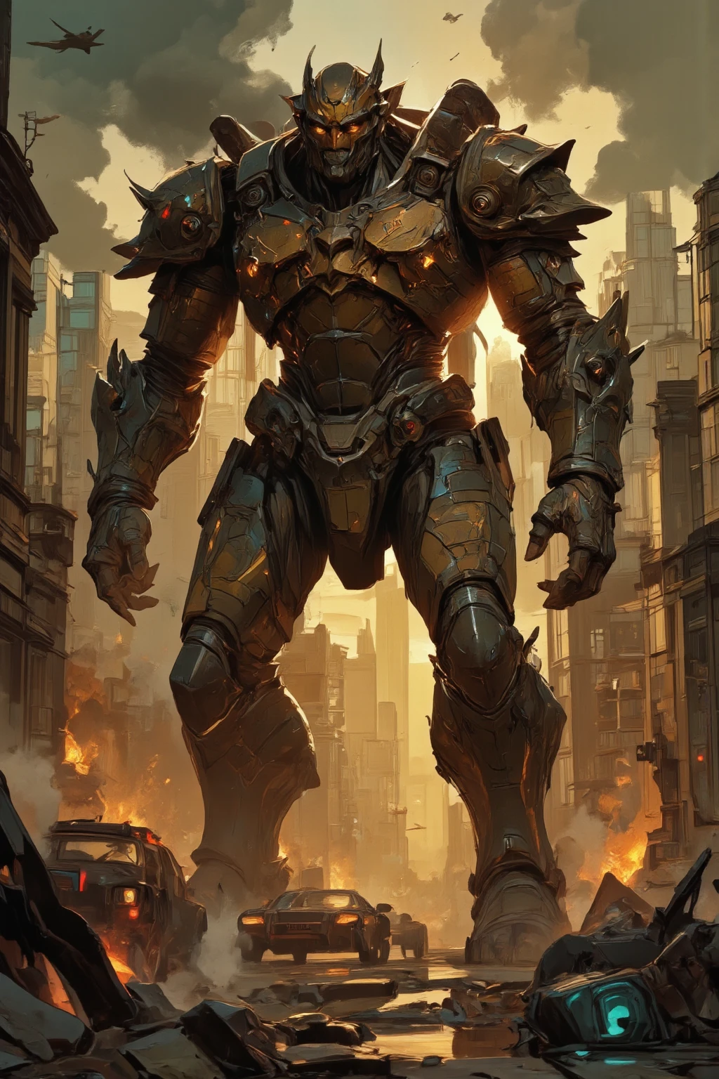 "Gigantic mecha beast in mid-charge pose, caught from a dramatic tilted ...