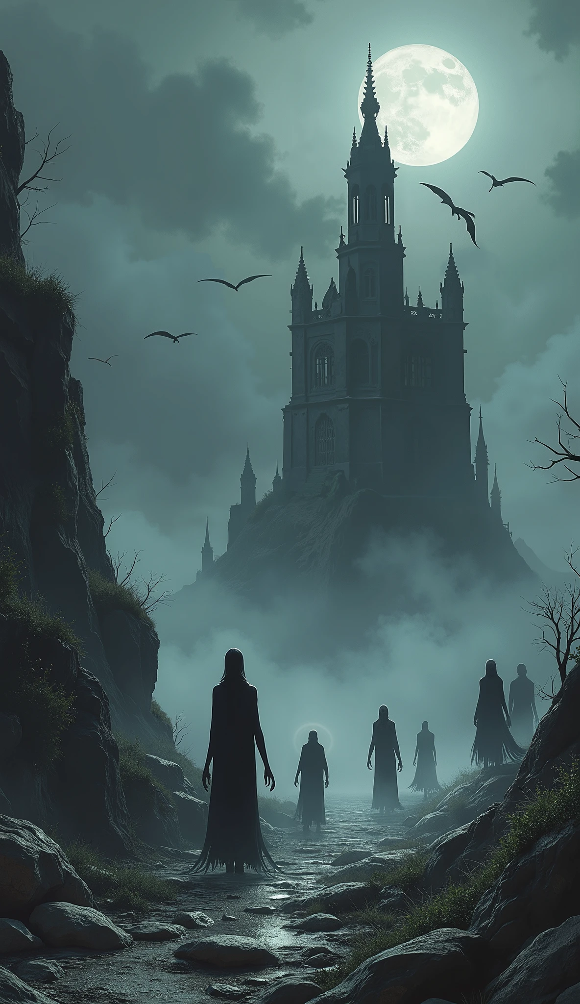 Imagine a chilling scene set in a desolate, moonlit landscape - SeaArt AI